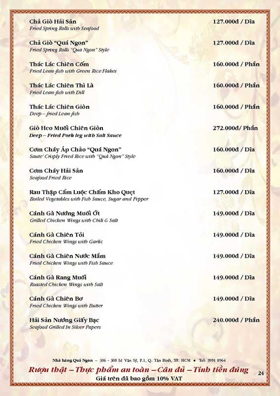 Thực đơn A La Carte - Món ngon Alacarte - Nhà hàng Quá Ngon